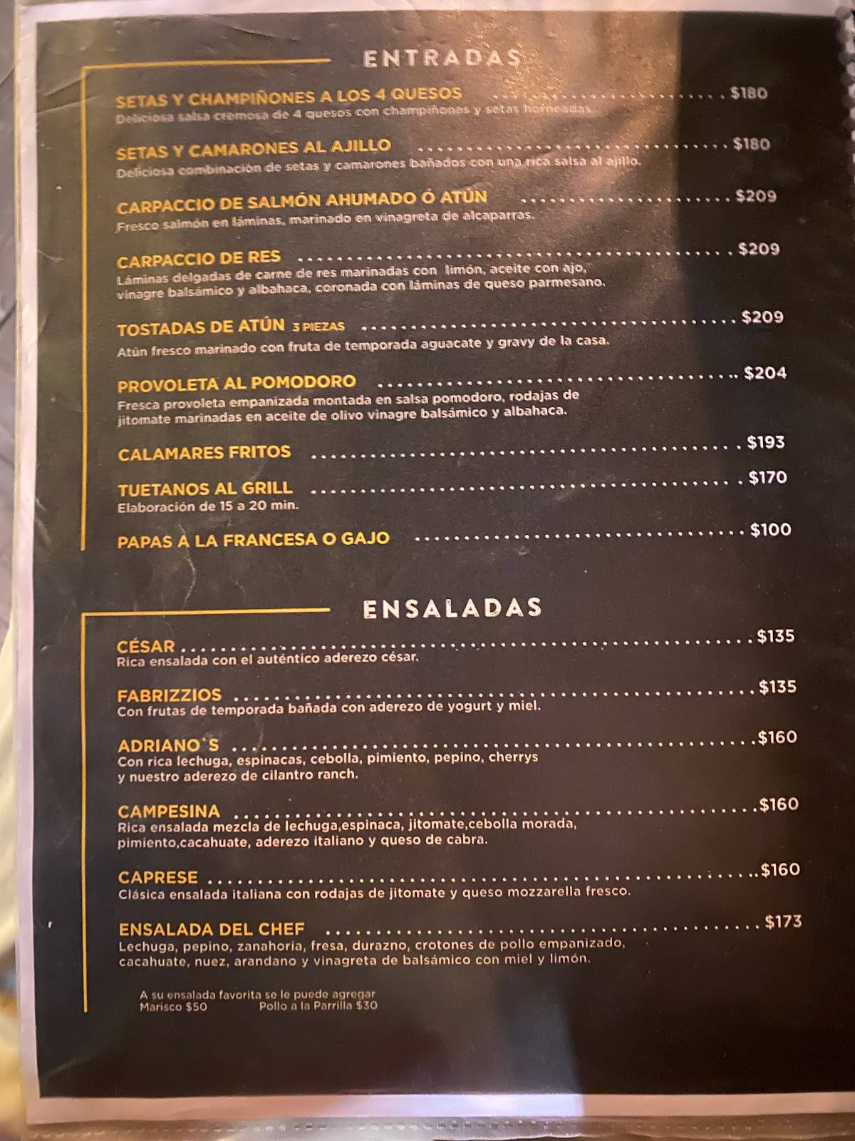 Carta del restaurante Adrianos's, Guadalajara