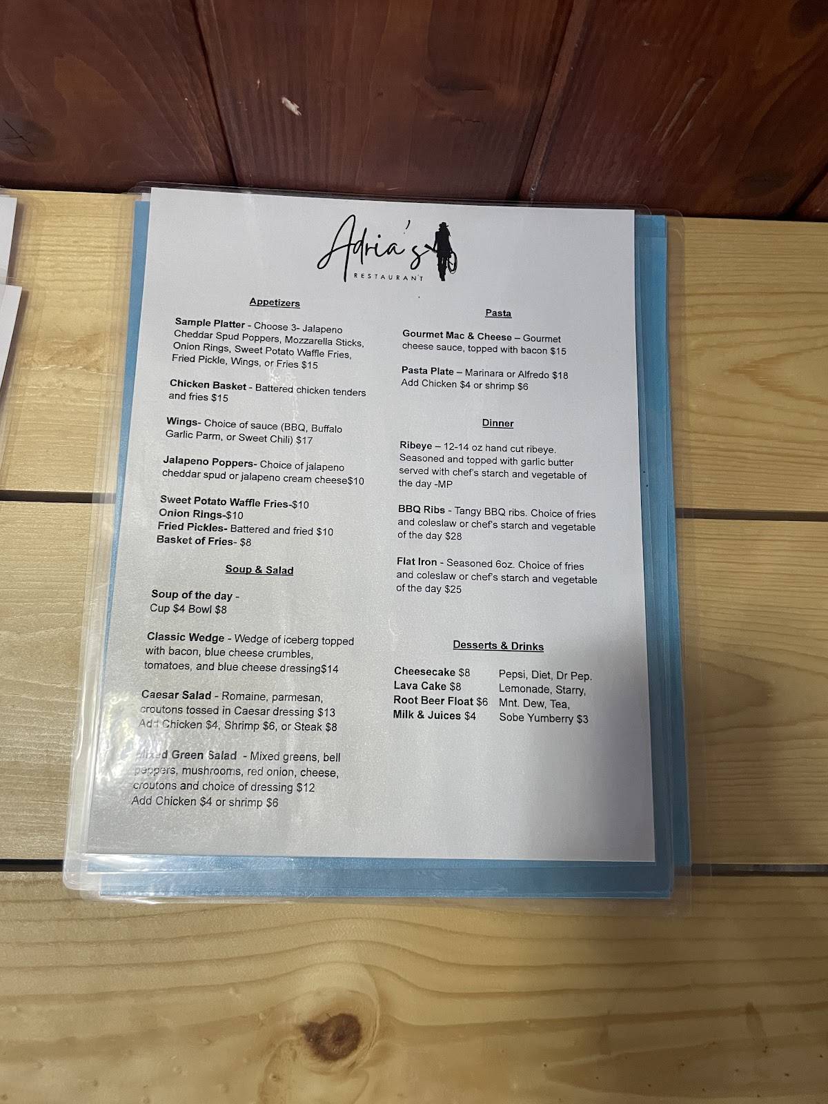 Menu at Adria's Restaurant, Kanab