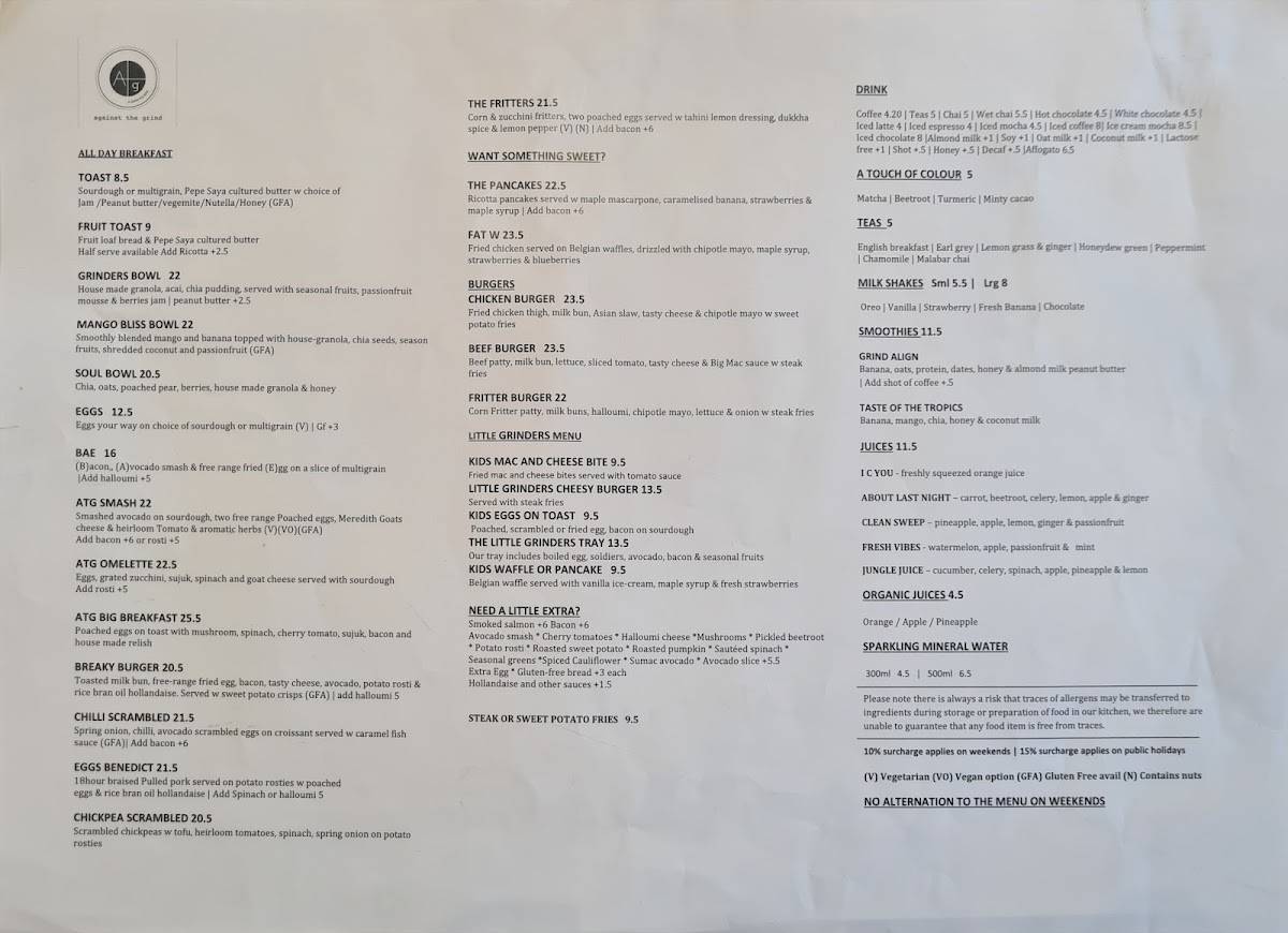Menu at Against The Grind cafe, Mill Park