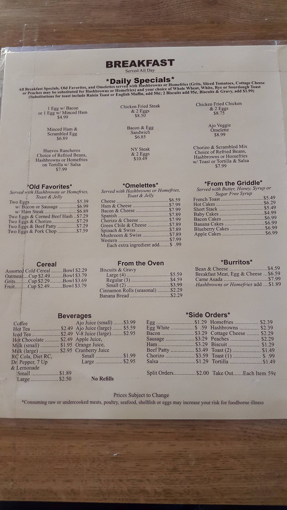 Menu at Ajo Cafe, Tucson