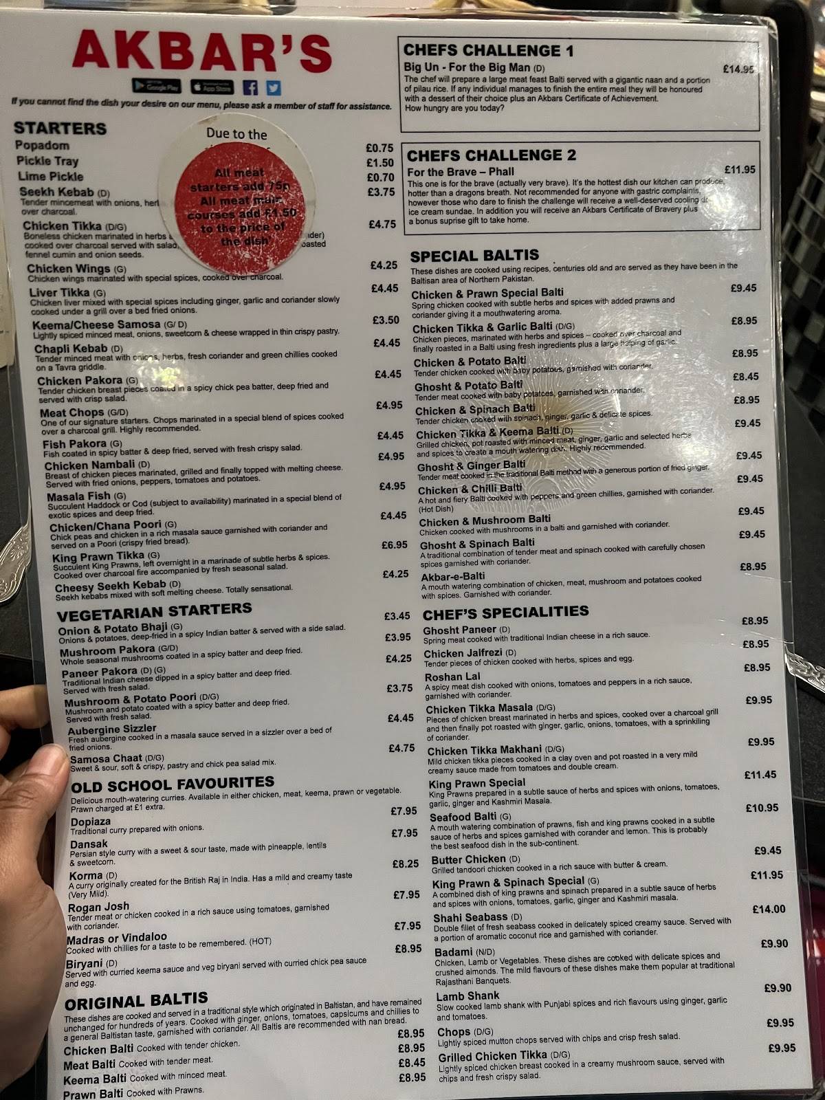 Menu at Akbar's Restaurant, Leeds, 15 Eastgate