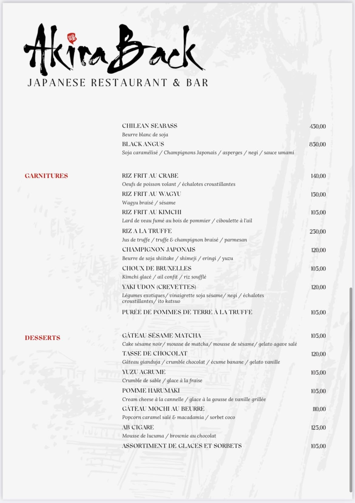 Menu at Akira Back restaurant, Marrakesh