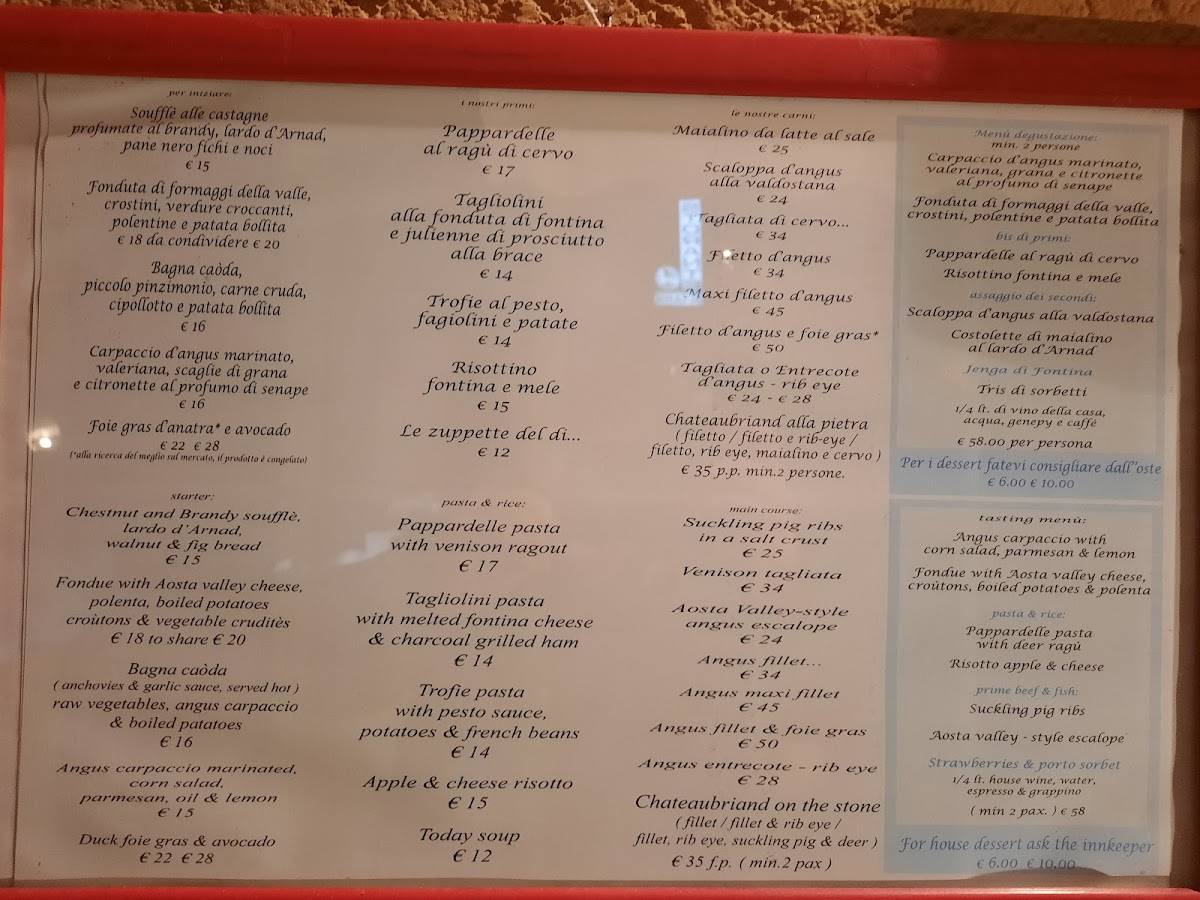Menu da Al Camin ristorante, Courmayeur