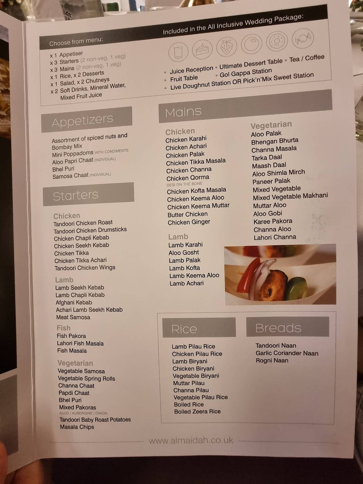 Menu at Al Maidah restaurant, Manchester