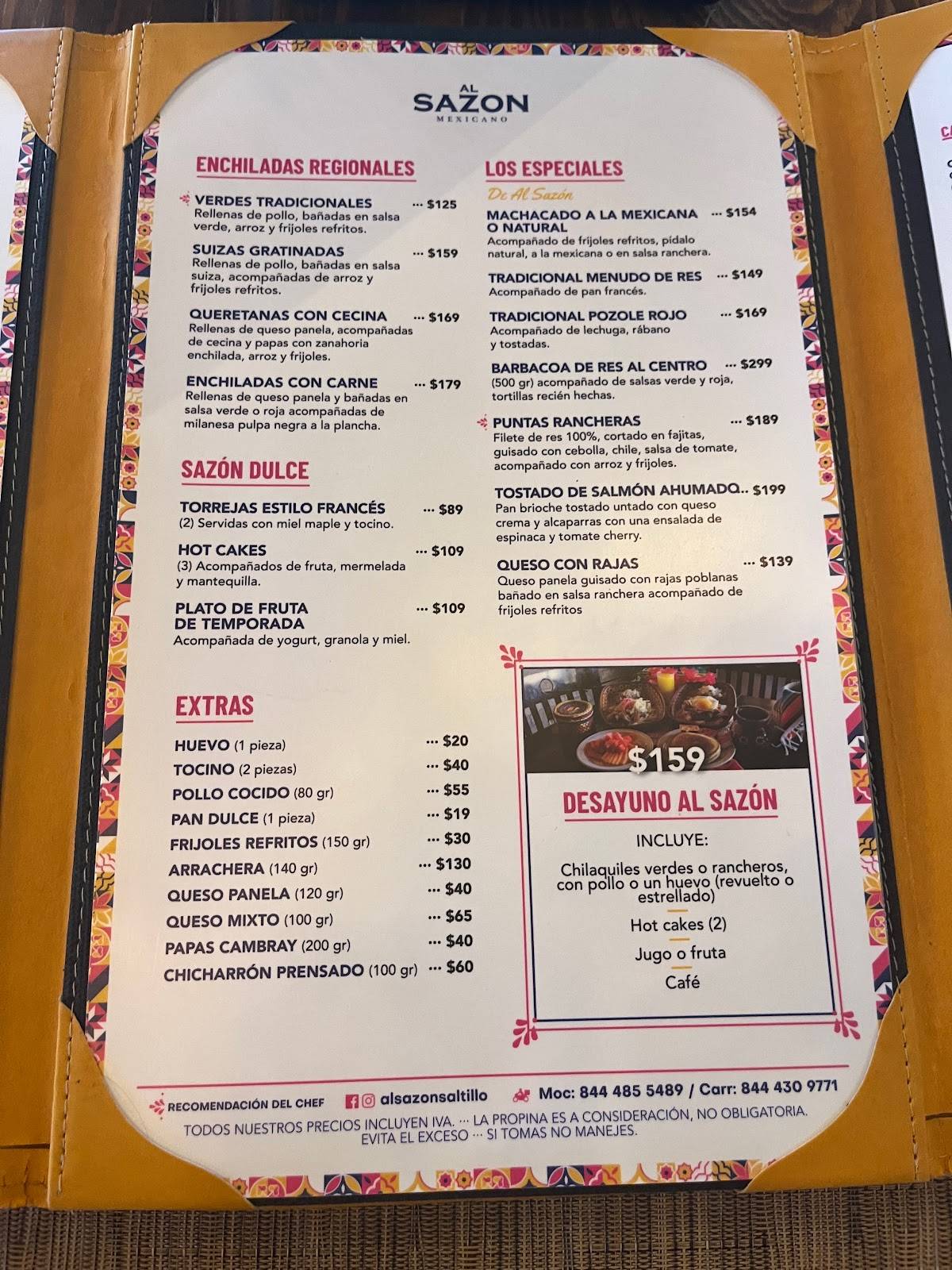 Carta del restaurante Al Sazón Mexicano, Saltillo