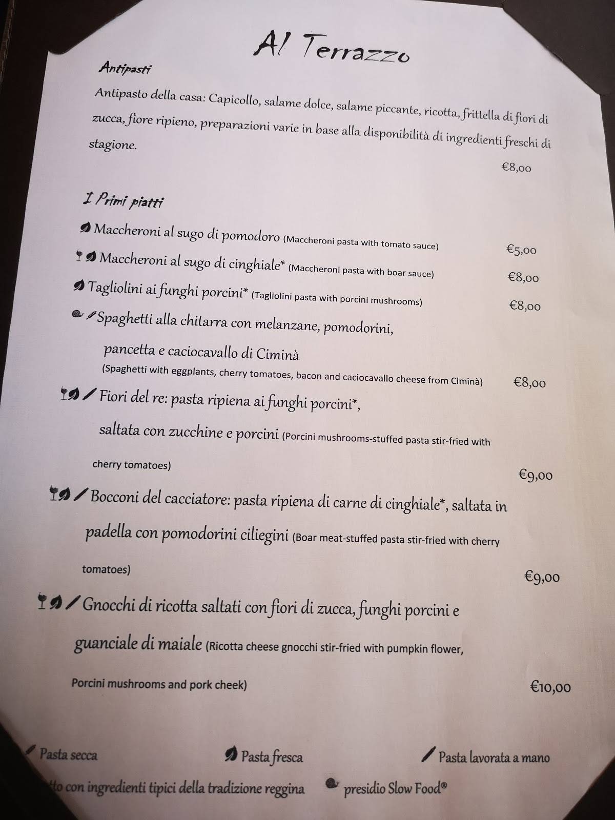 Menu da Al Terrazzo ristorante, Gambarie