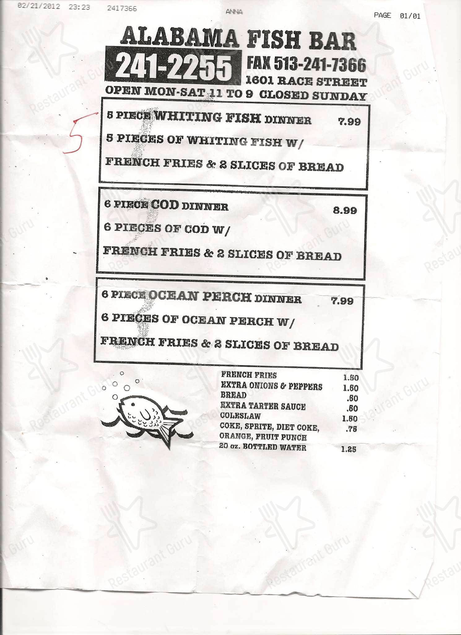 Menu at Alabama Fishbar, Cincinnati