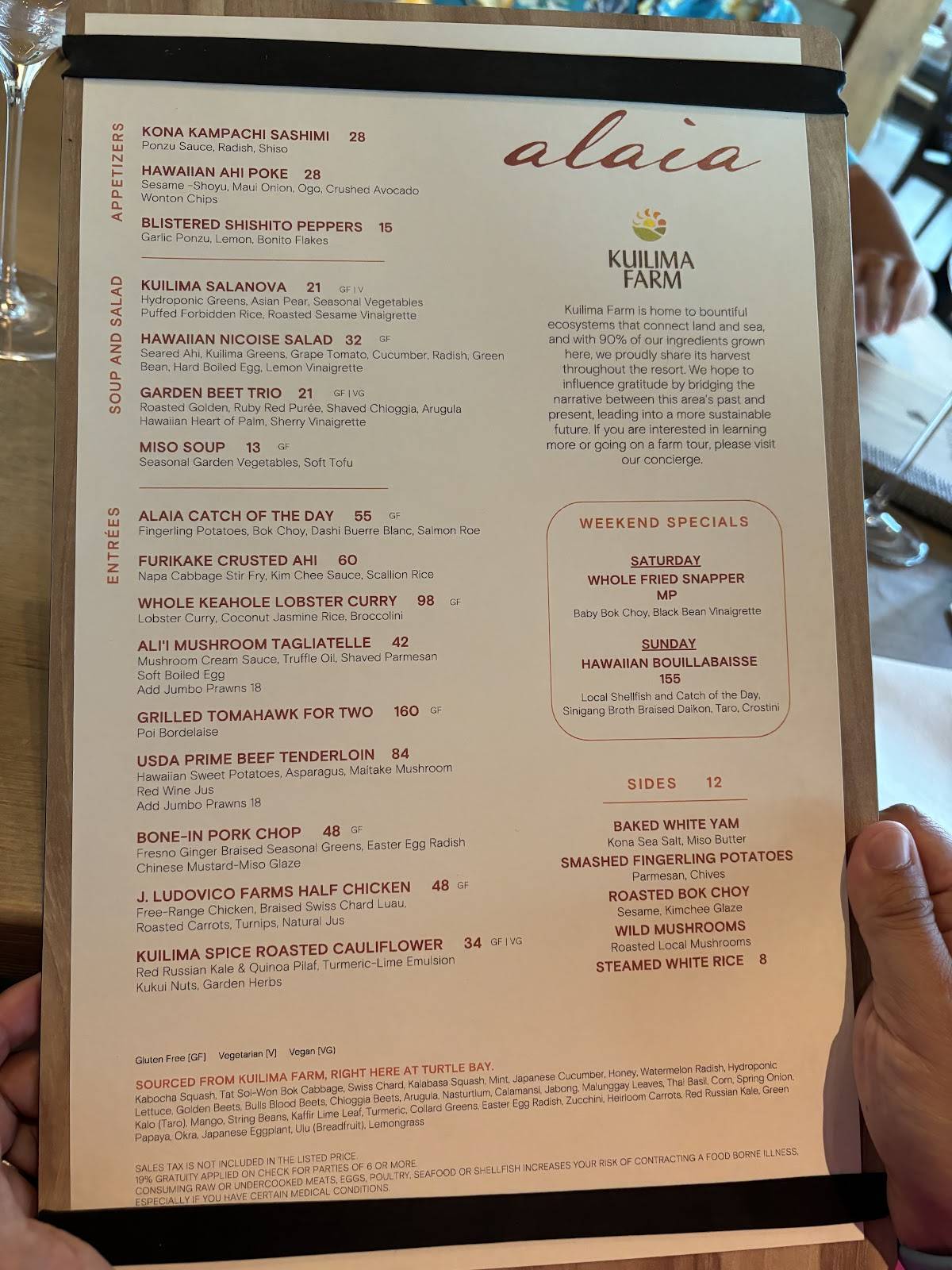 Menu at Alaia restaurant, Kawela Bay