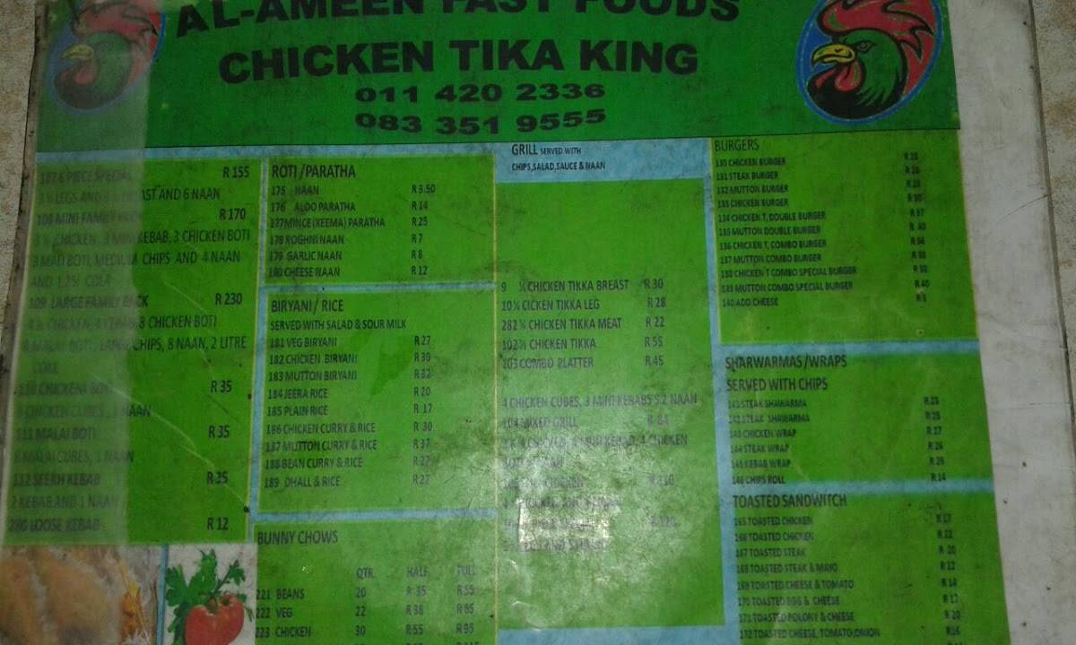 Menu at Alameen Fast Food, Benoni