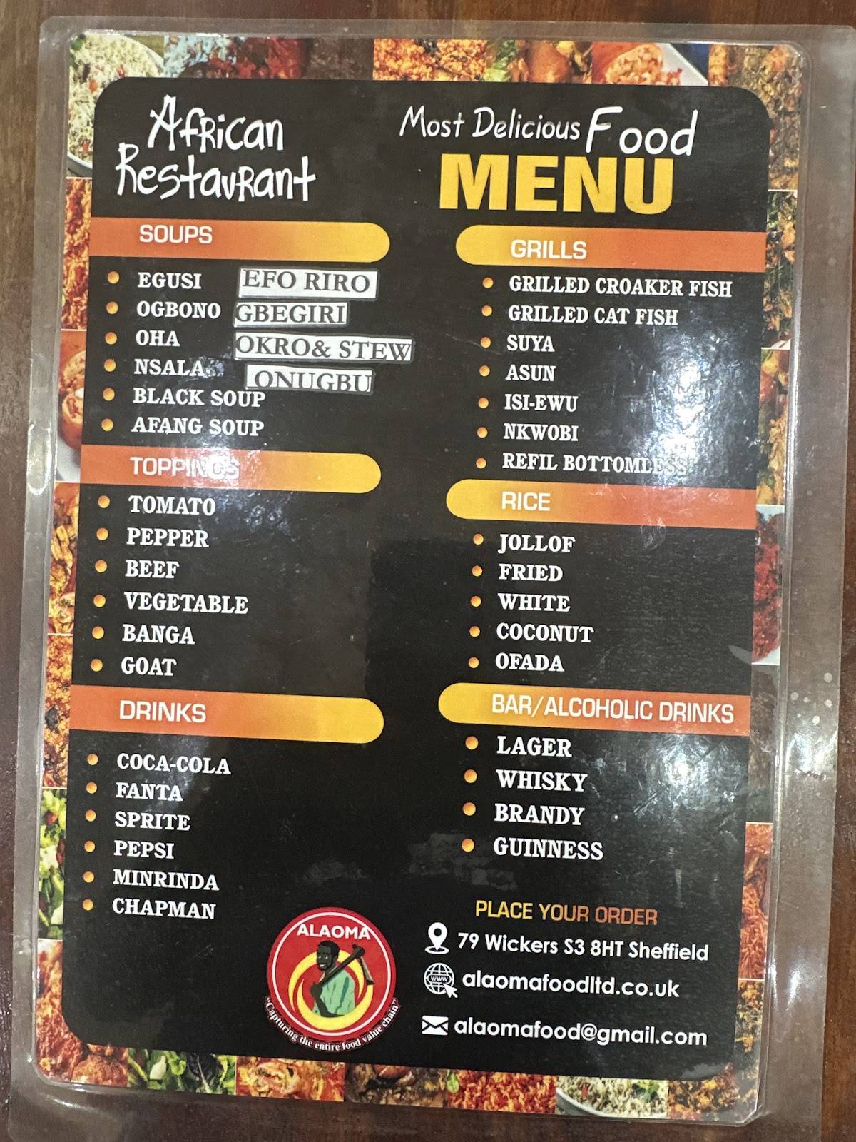 Menu at Alaoma Nigerian Cuisine restaurant, Sheffield