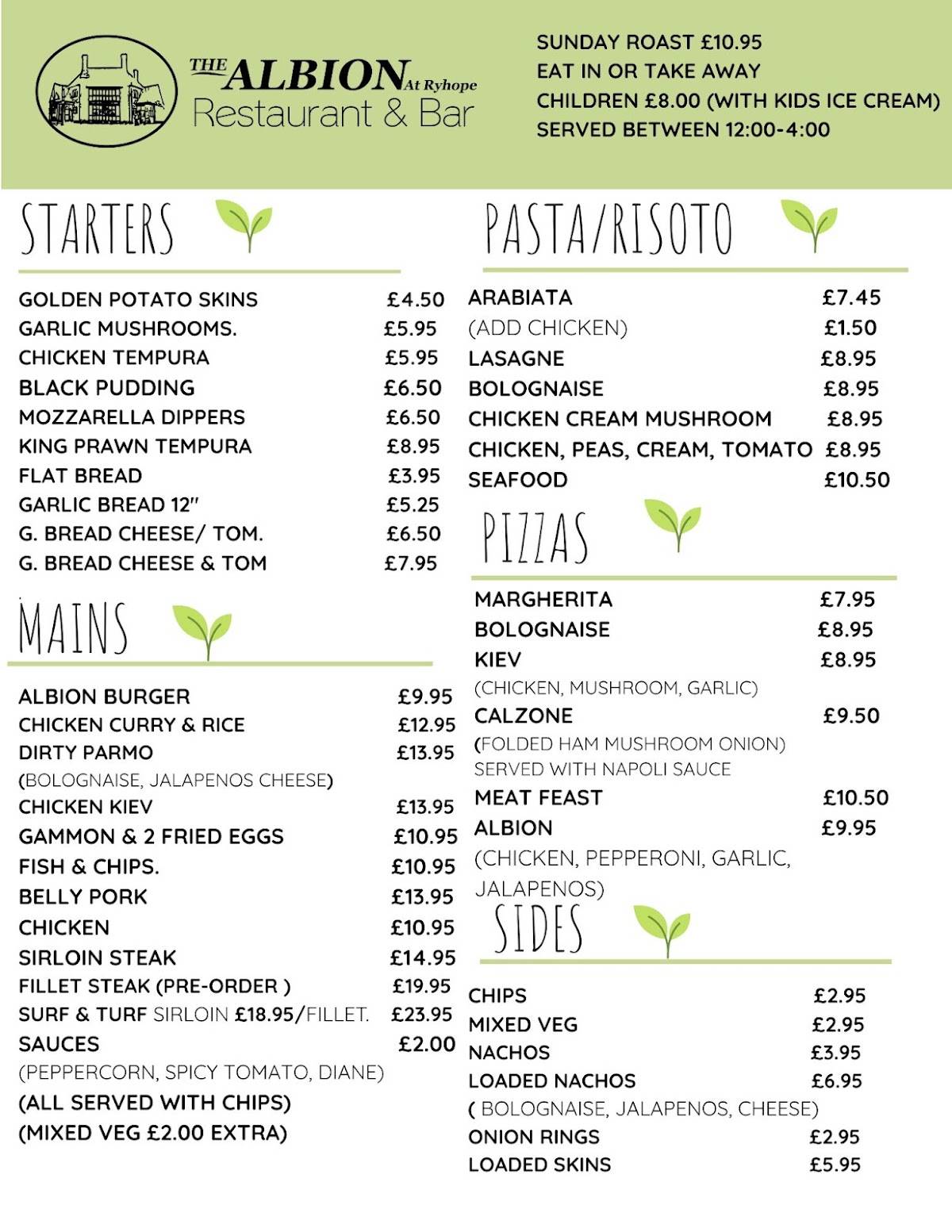 Menu at Albion at Ryhope Restaurant & Bar, Sunderland