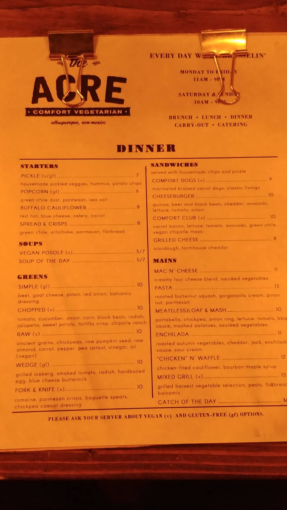 Menu at The Acre restaurant, Albuquerque