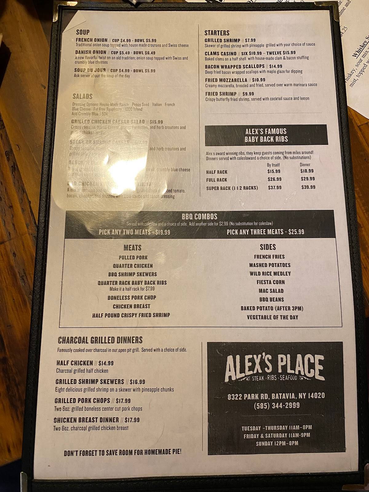 Menu at Alex's Place steakhouse, Batavia