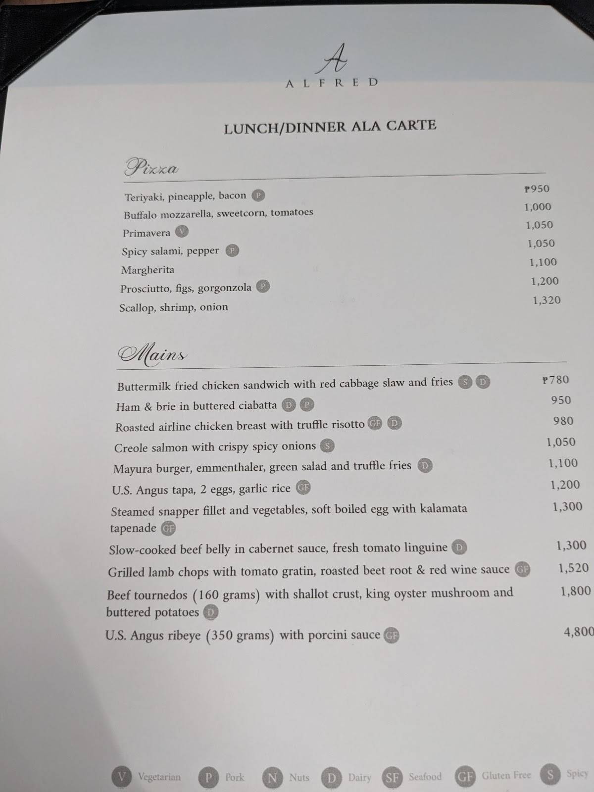Menu at Alfred restaurant, Makati