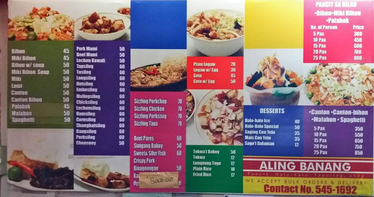 Menu at Aling Banang’s Makati restaurant, Makati, 1198 Pablo Ocampo Sr. Ext