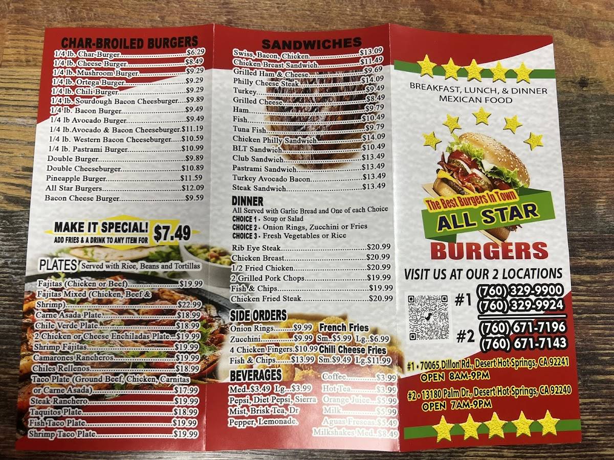 Menu at All Star Burgers restaurant, Desert Hot Springs, Dillon Rd