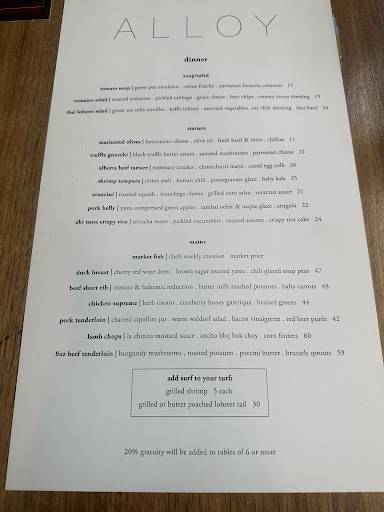 Menu at Alloy restaurant, Calgary