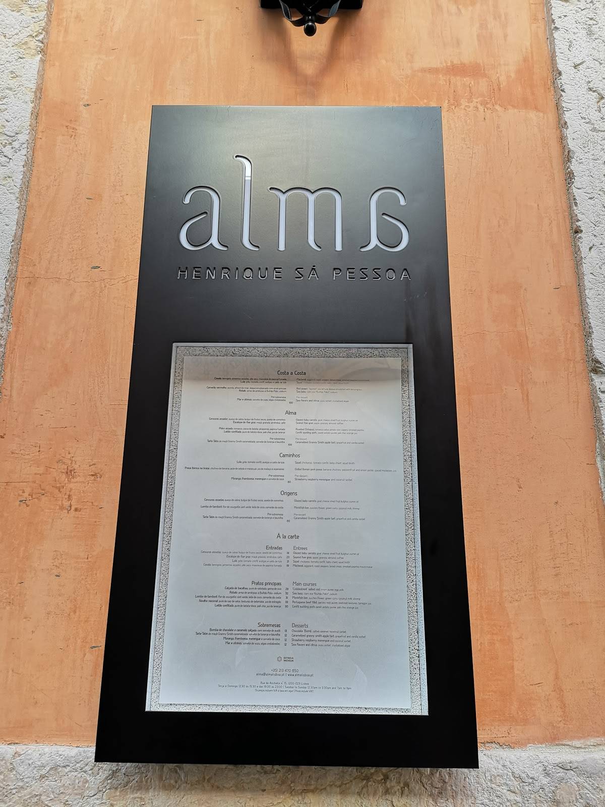 Menu at Alma restaurant, Lisbon, R. Anchieta 15