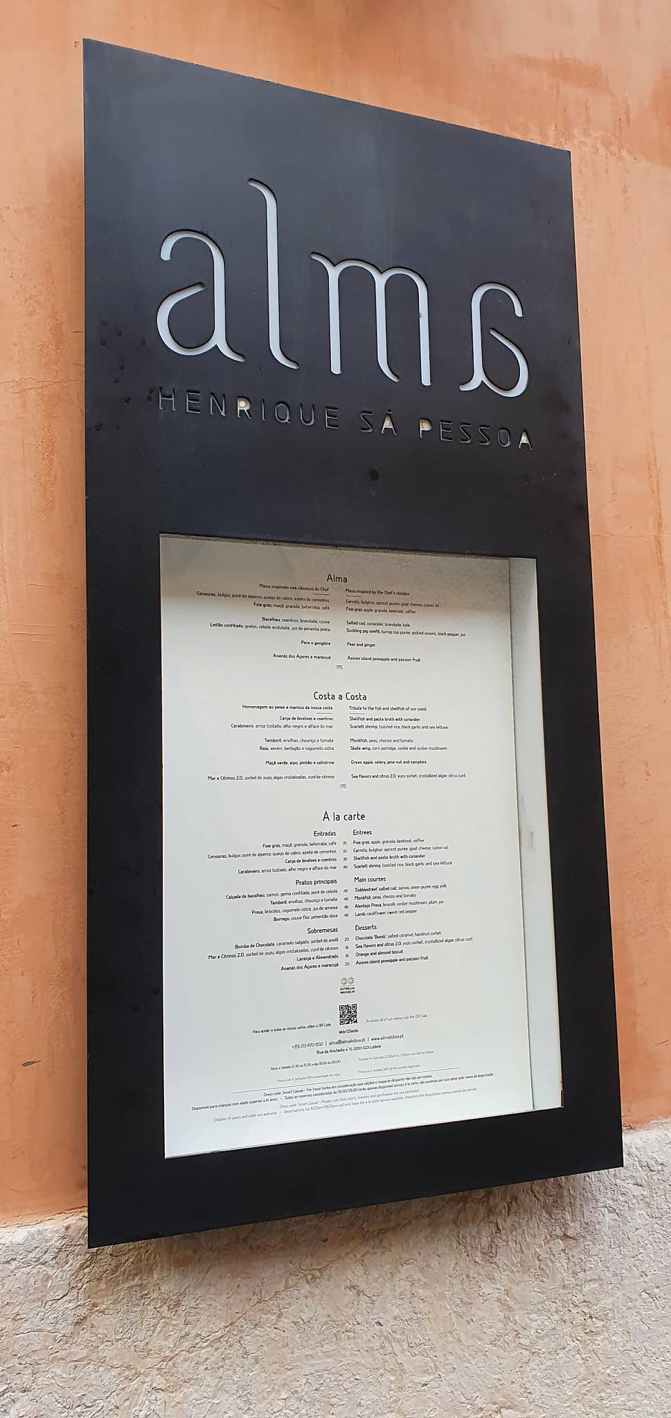 Menu at Alma restaurant, Lisbon, R. Anchieta 15
