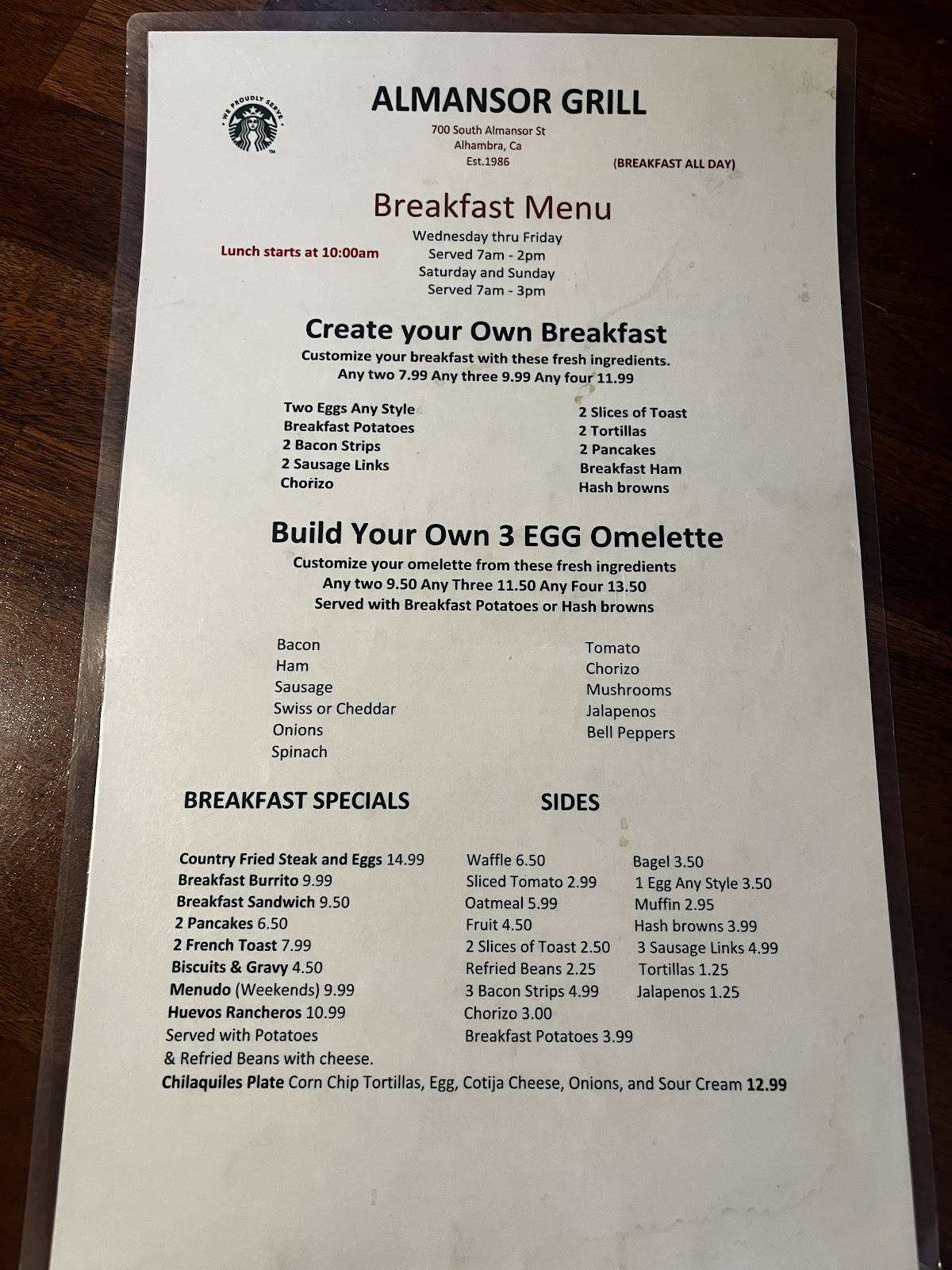 Menu at Almansor Grill restaurant, Alhambra