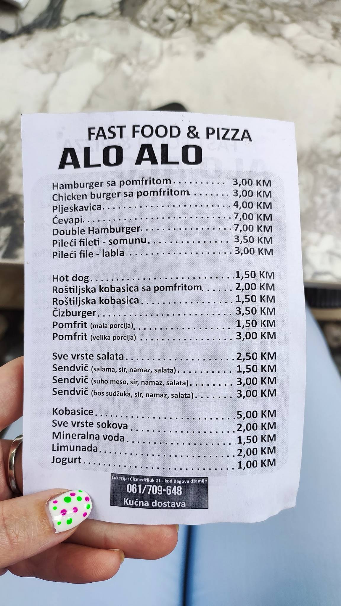 Menu at Alo Alo restaurant, Sarajevo