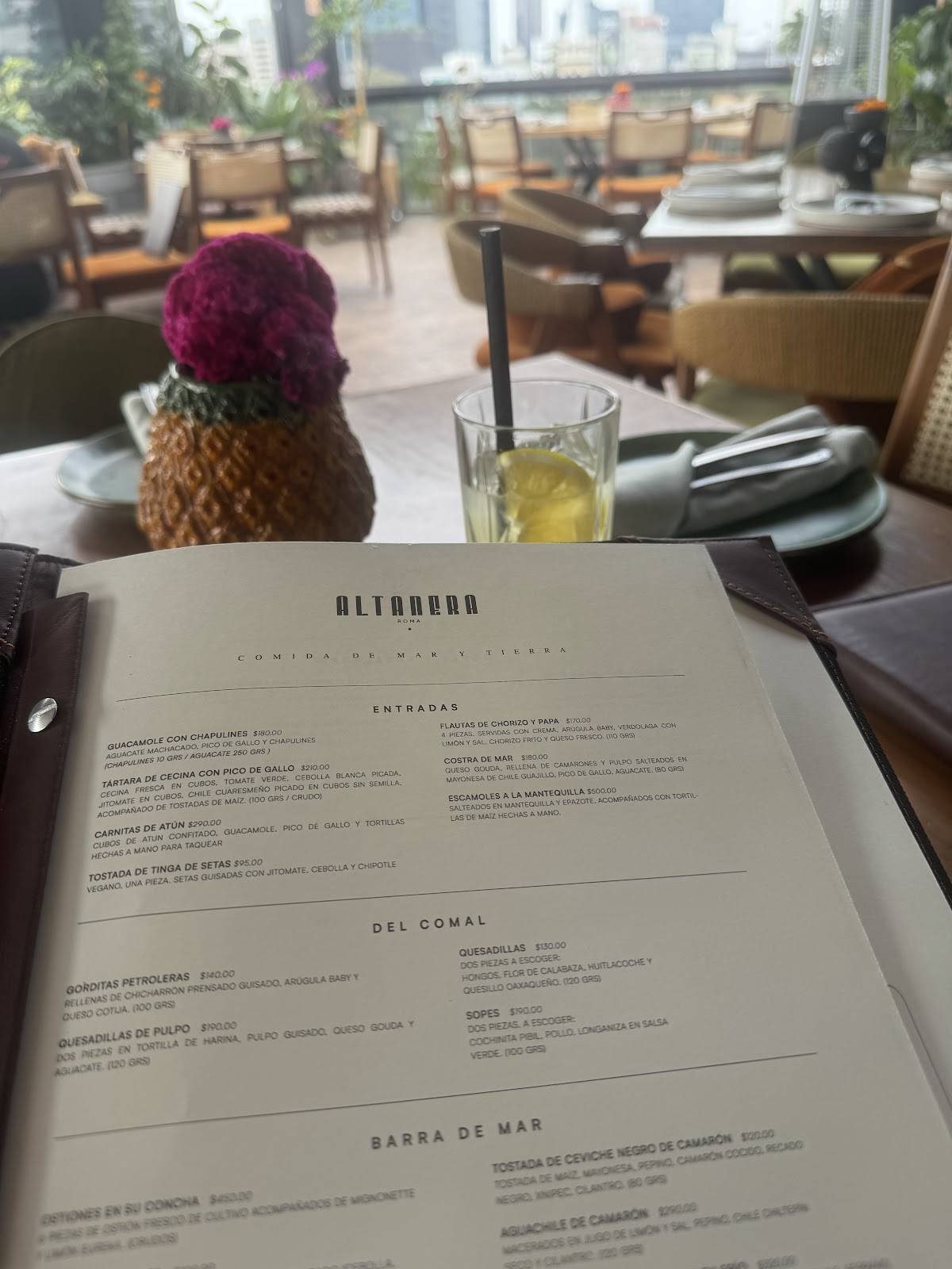 Carta del restaurante Altanera Roma, Ciudad del México