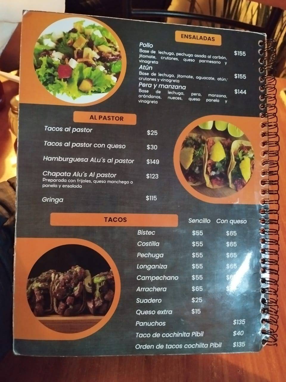 Menu at Alu's restaurant, Mexico City