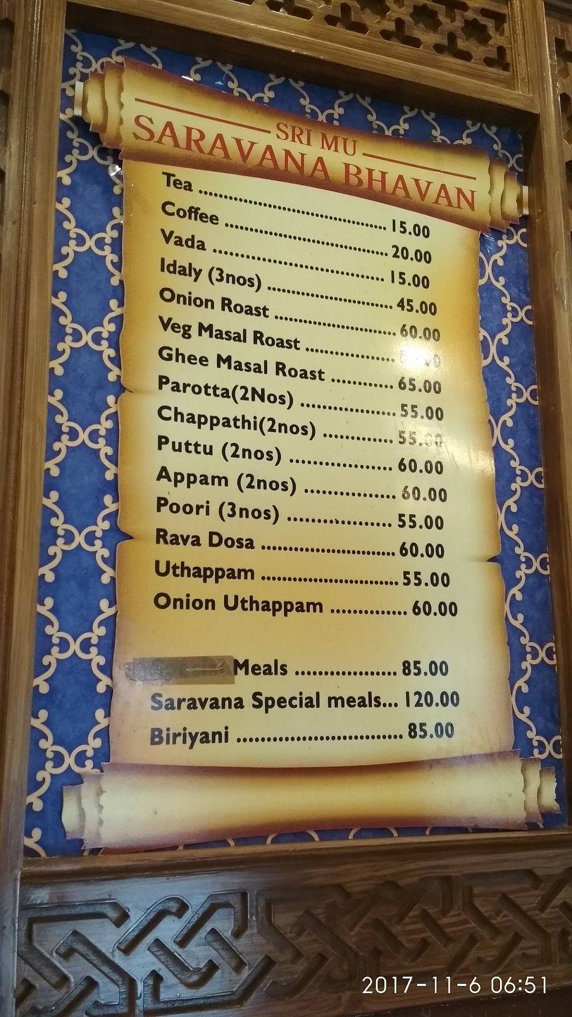 Menu at Saravana Bhavan, Kochi, Kadathukulam Buildings