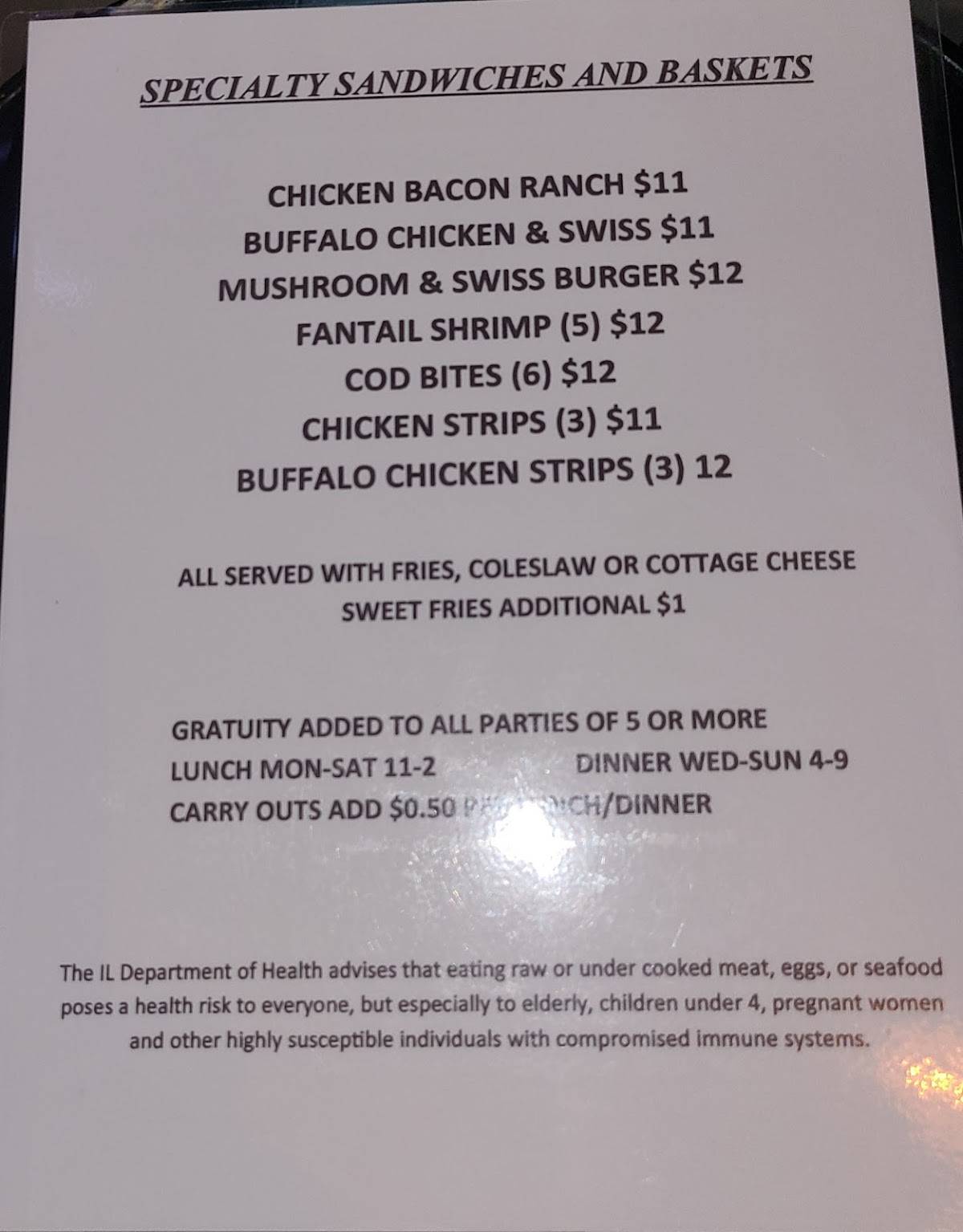Menu at Sheridan's Walton Tap Inc restaurant, Amboy
