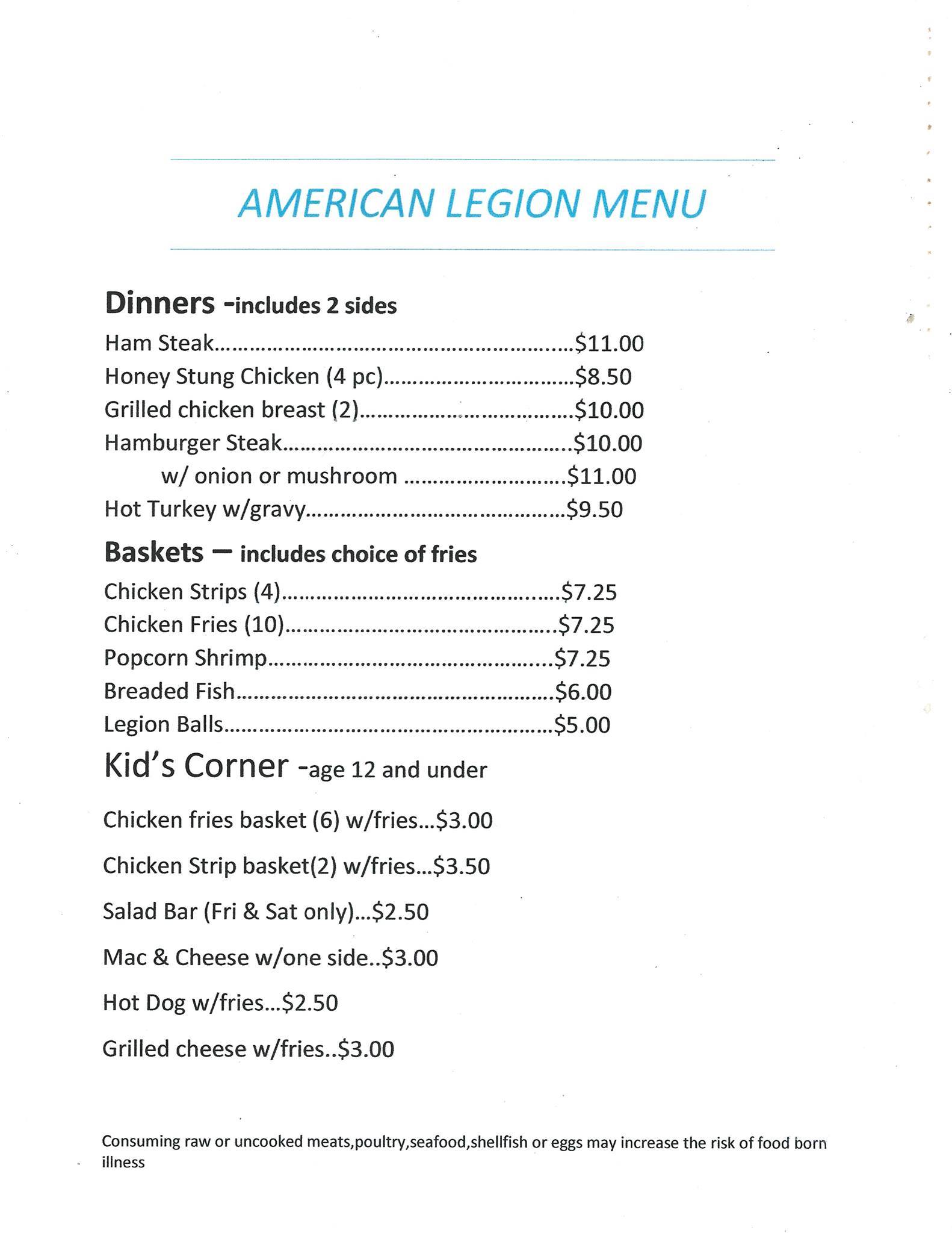 Menu at American Legion Post 223 pub & bar, Shippensburg