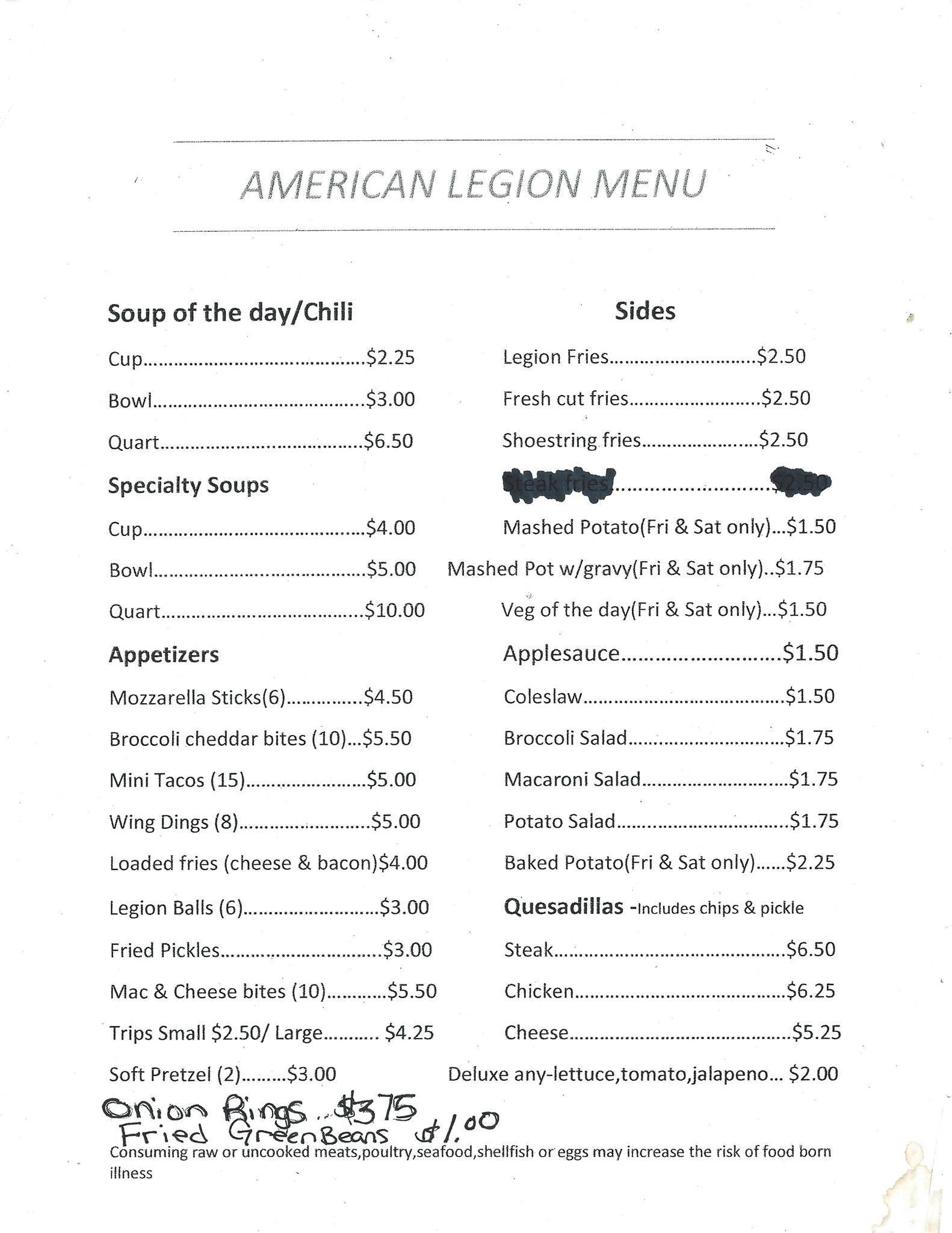 Menu at American Legion Post 223 pub & bar, Shippensburg