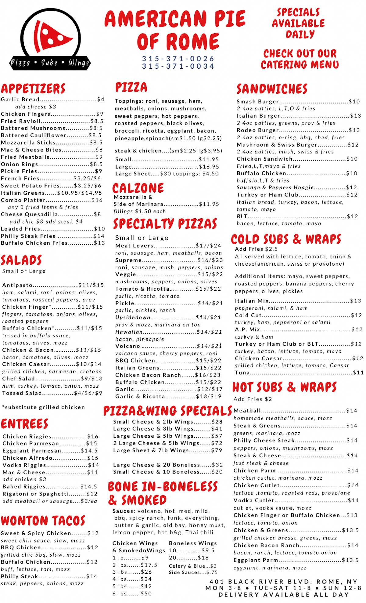 Menu at American Pie of Rome pizzeria, Rome