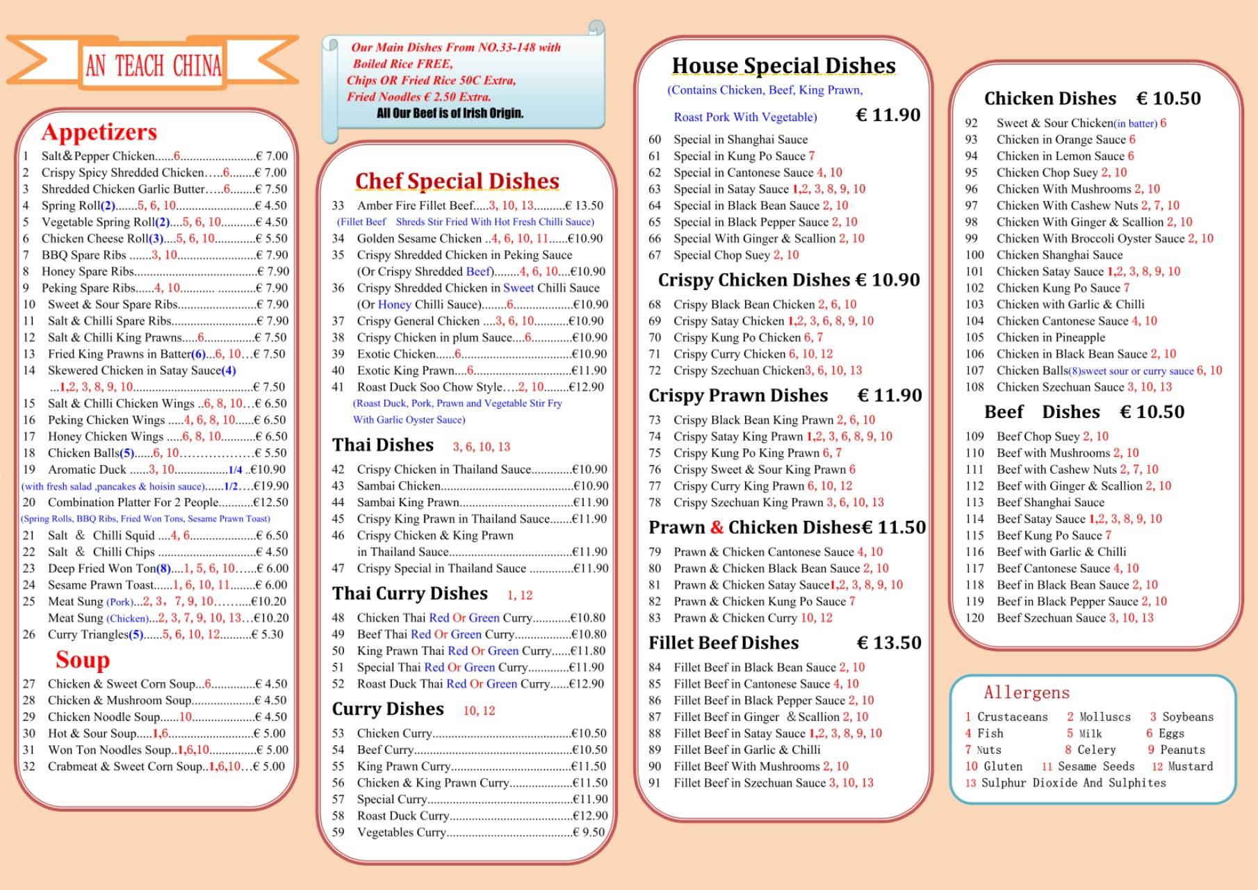 Menu at An Teach China restaurant, Tulla, Main St