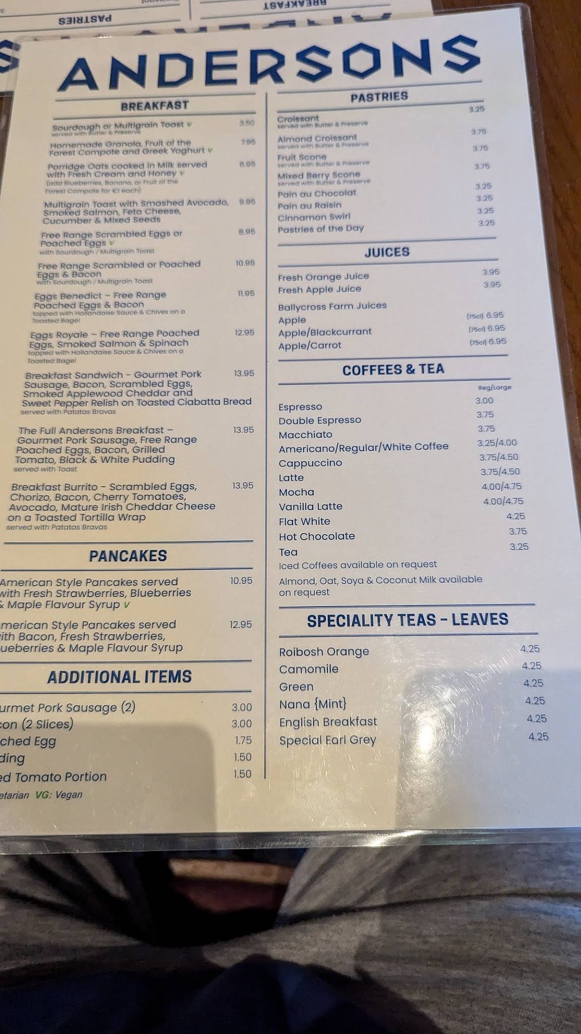 Menu at Andersons Food Hall & Cafe, Dublin, 3 The Rise