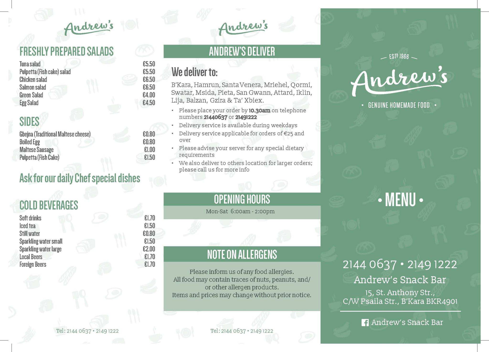 Menu at Andrew's Snack Bar, Birkirkara