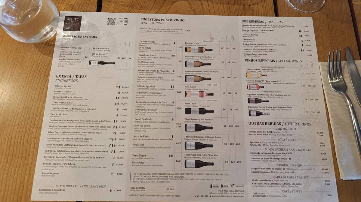 Menu at Aneto & Table pub & bar, Peso da Régua