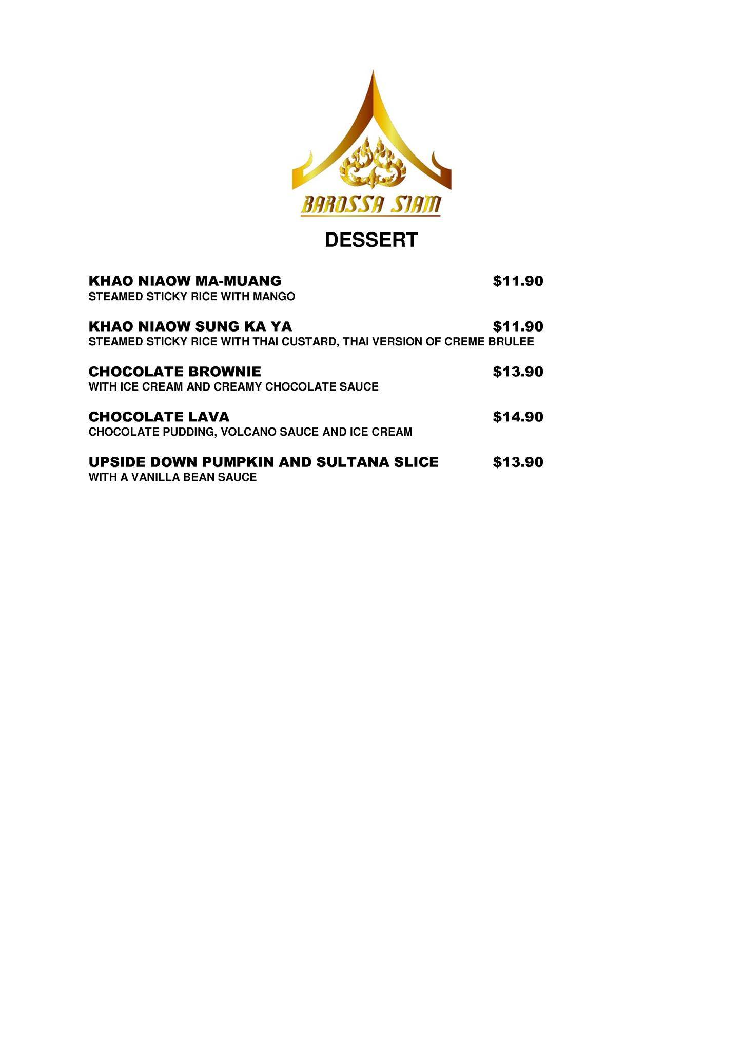 Menu at Barossa Siam, Angaston