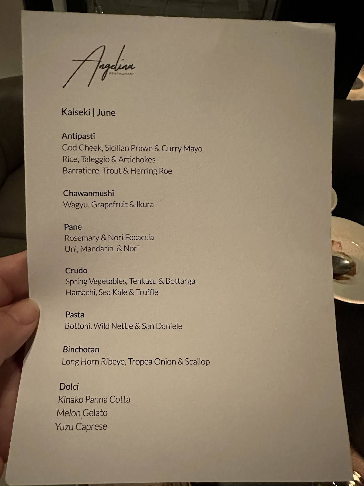 Menu at Angelina restaurant, London