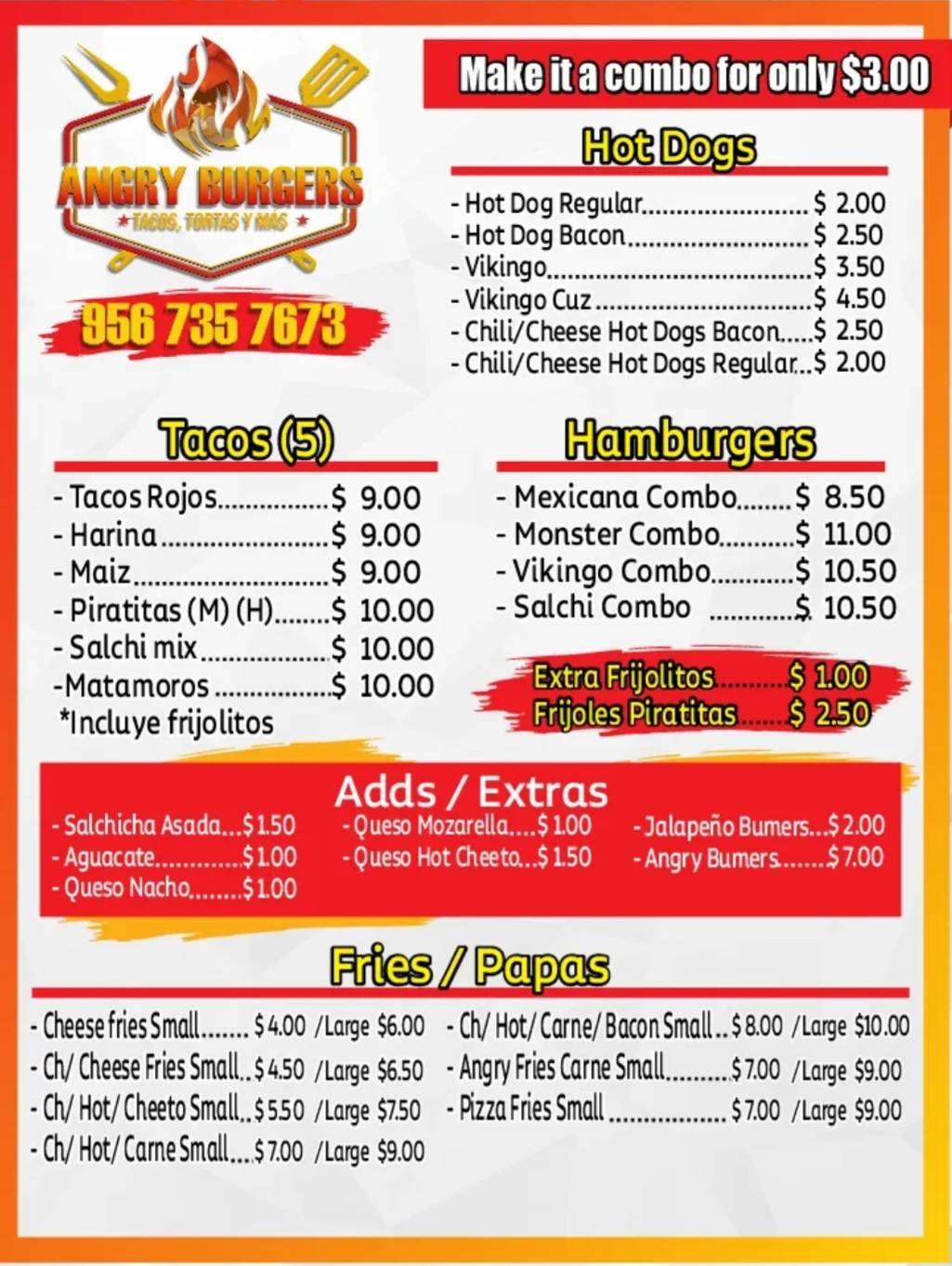Menu at Angry burgers restaurant, Rio Grande City, US-83