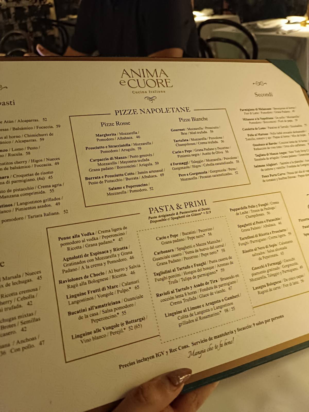 Carta del restaurante Anima e Cuore, San Isidro