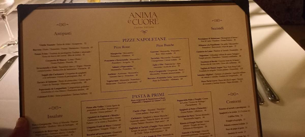 Carta del restaurante Anima e Cuore, Lima