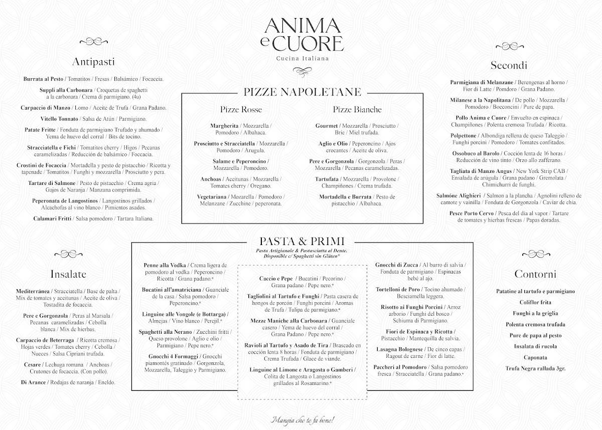 Carta del restaurante Anima e Cuore, Lima