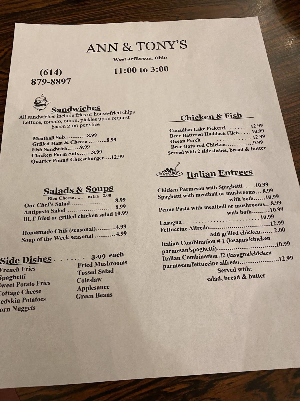 Menu at Ann & Tony's restaurant, West Jefferson