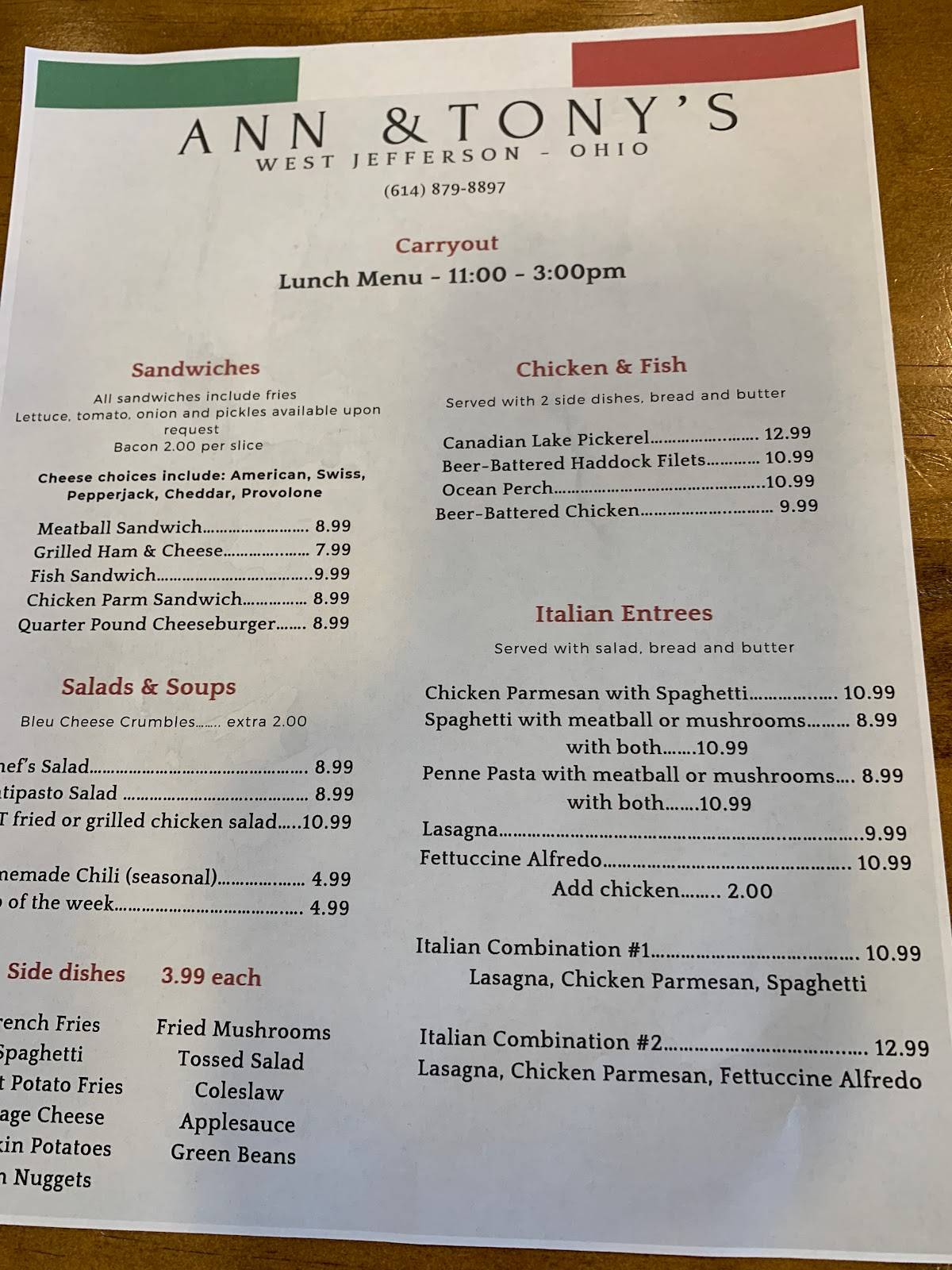 Menu at Ann & Tony's restaurant, West Jefferson