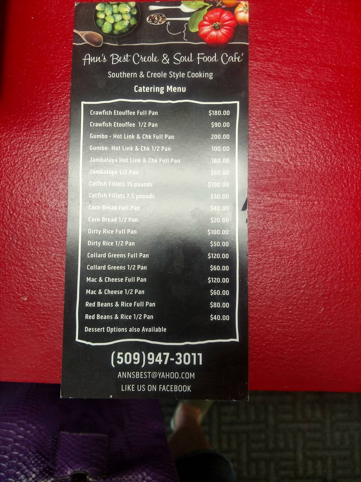 Menu at Ann's Best Creole & Soul Food restaurant, Richland
