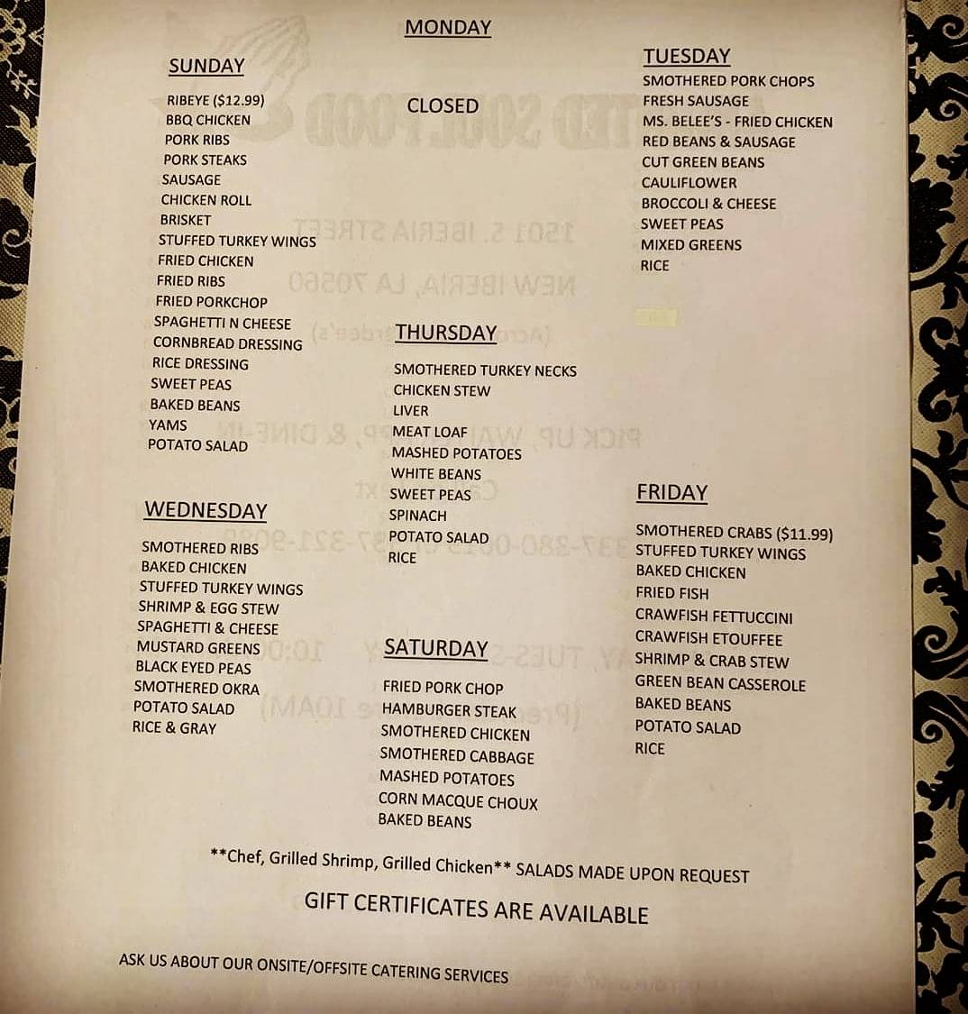 Menu at Anointed Soul Food restaurant, New Iberia, Iberia St