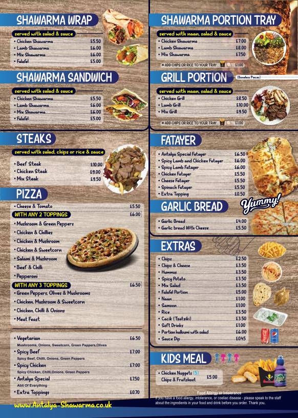 Menu at Antalya Shawarma restaurant, Hyde