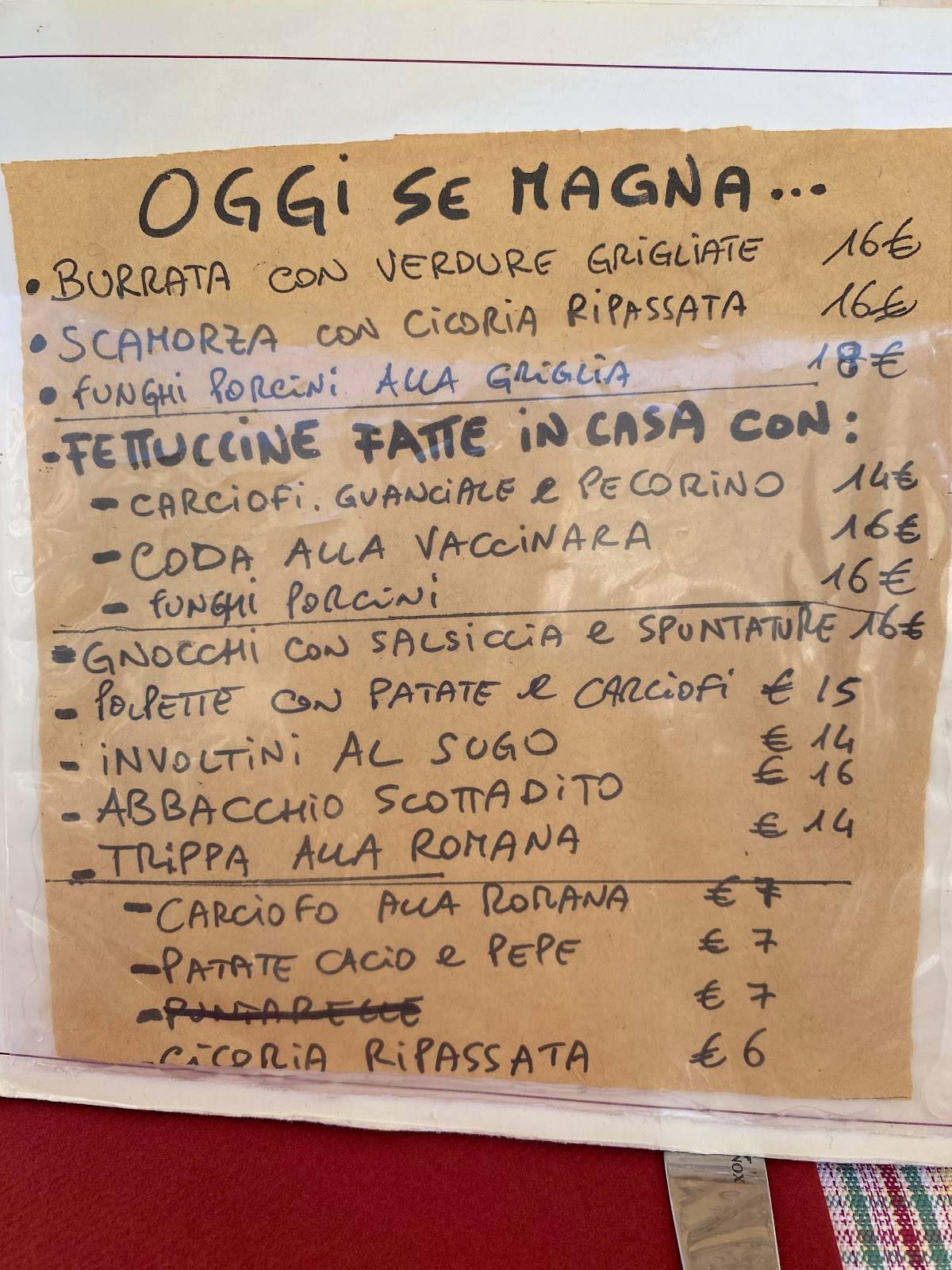 Menu at Antica Hostaria Romanesca restaurant, Rome