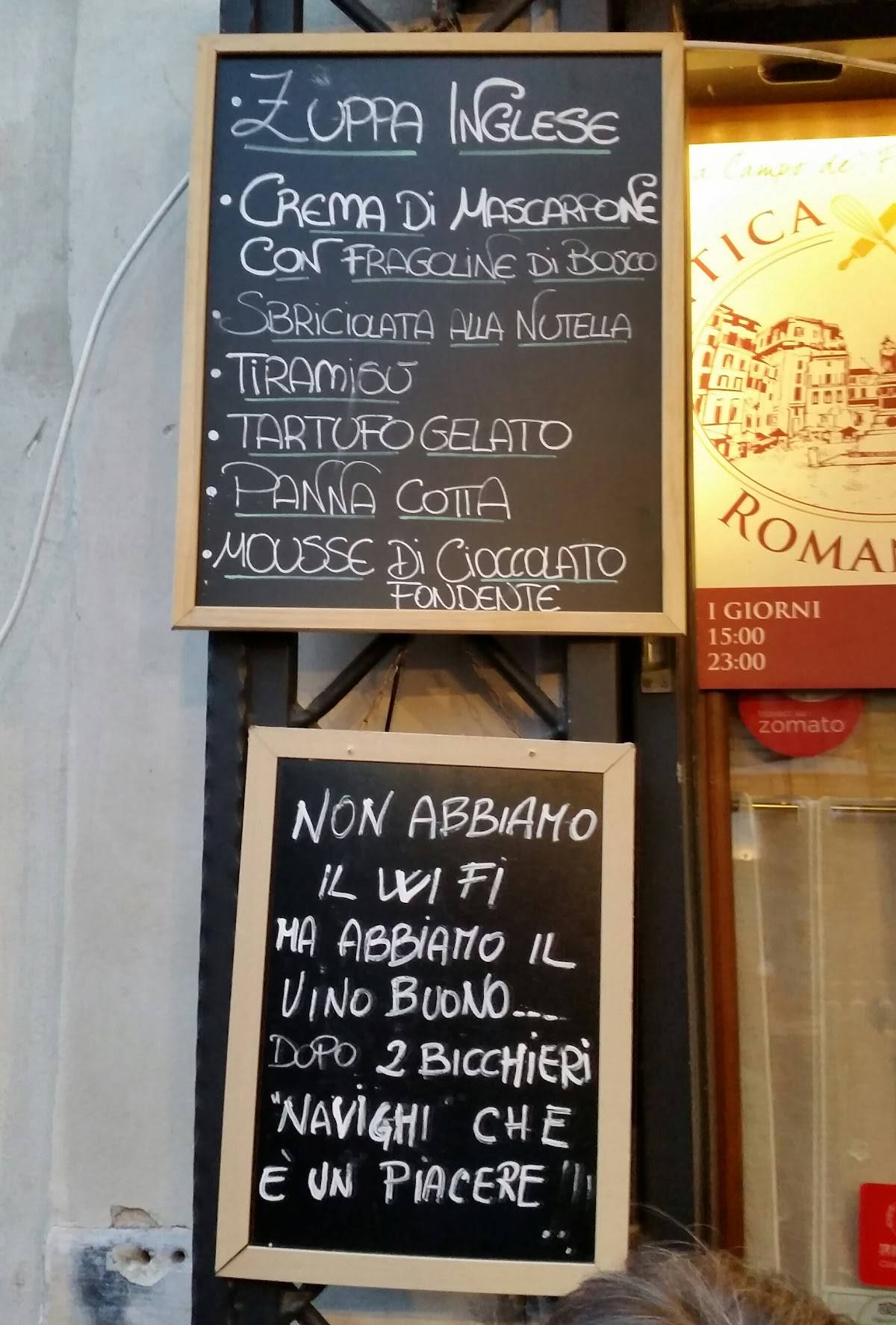 Menu at Antica Hostaria Romanesca restaurant, Rome
