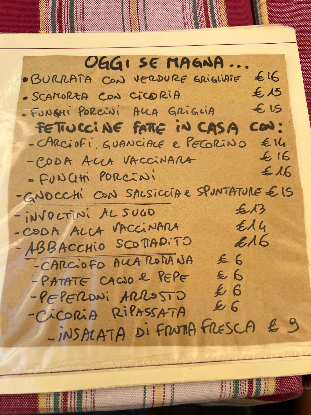 Menu at Antica Hostaria Romanesca restaurant, Rome